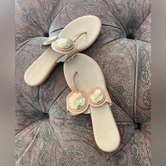 Via Spiga | Shoes | Via Spiga Beige Flat Sandals With Golden Medallions ...